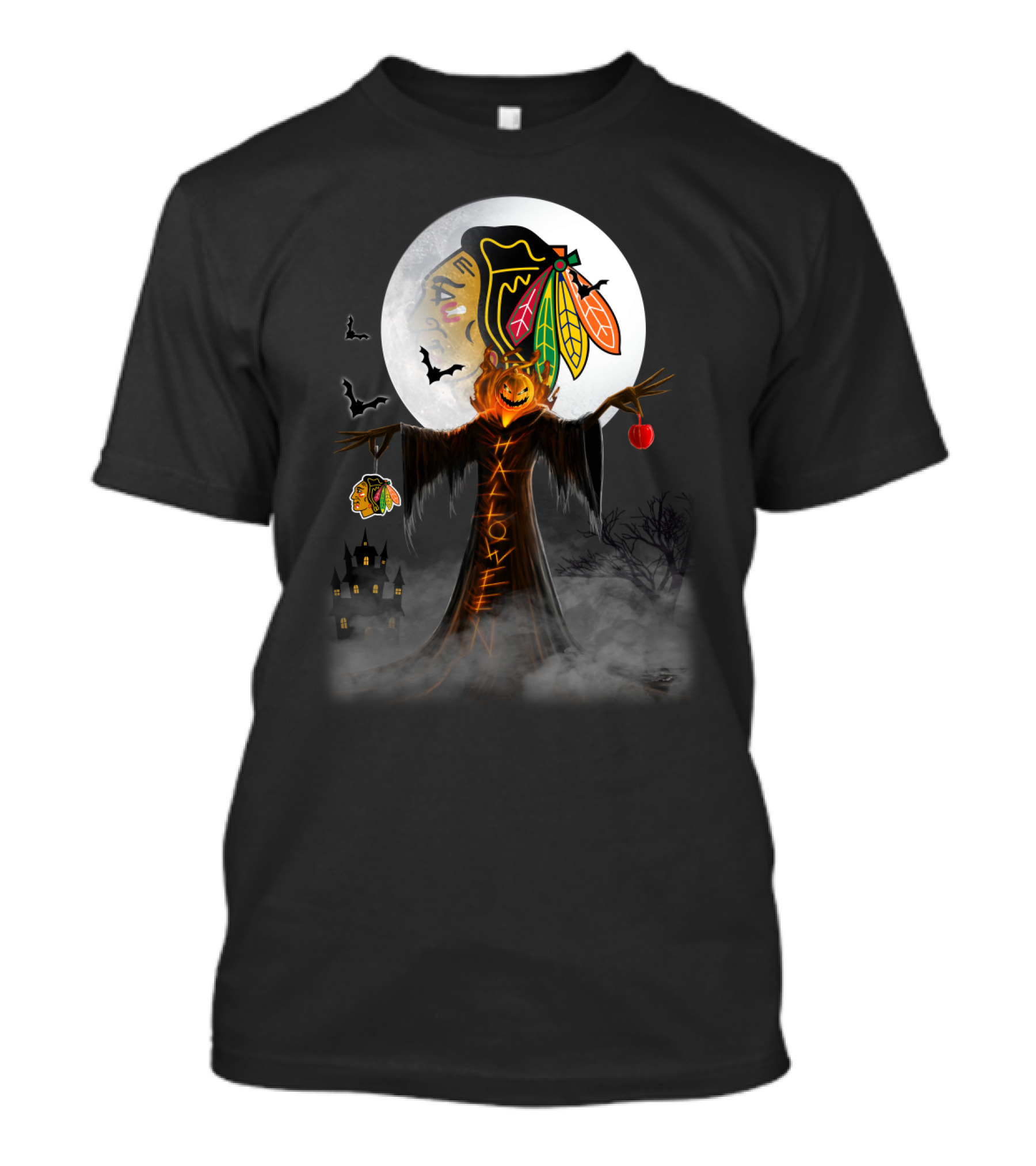 Halloween Chicago Blackhawks Moonlit Pumpkin Scarecrow Bats T-Shirt