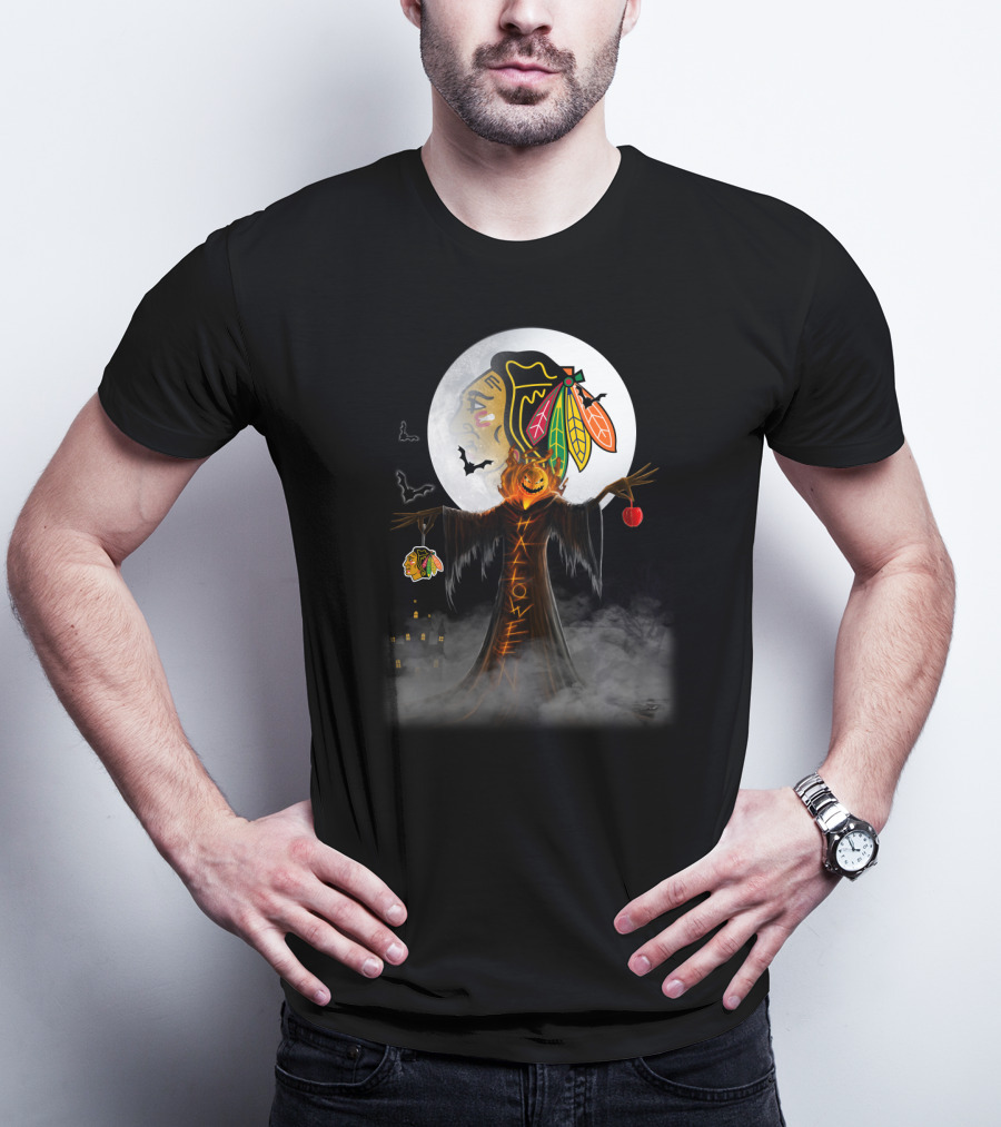 Halloween Chicago Blackhawks Moonlit Pumpkin Scarecrow Bats T-Shirt