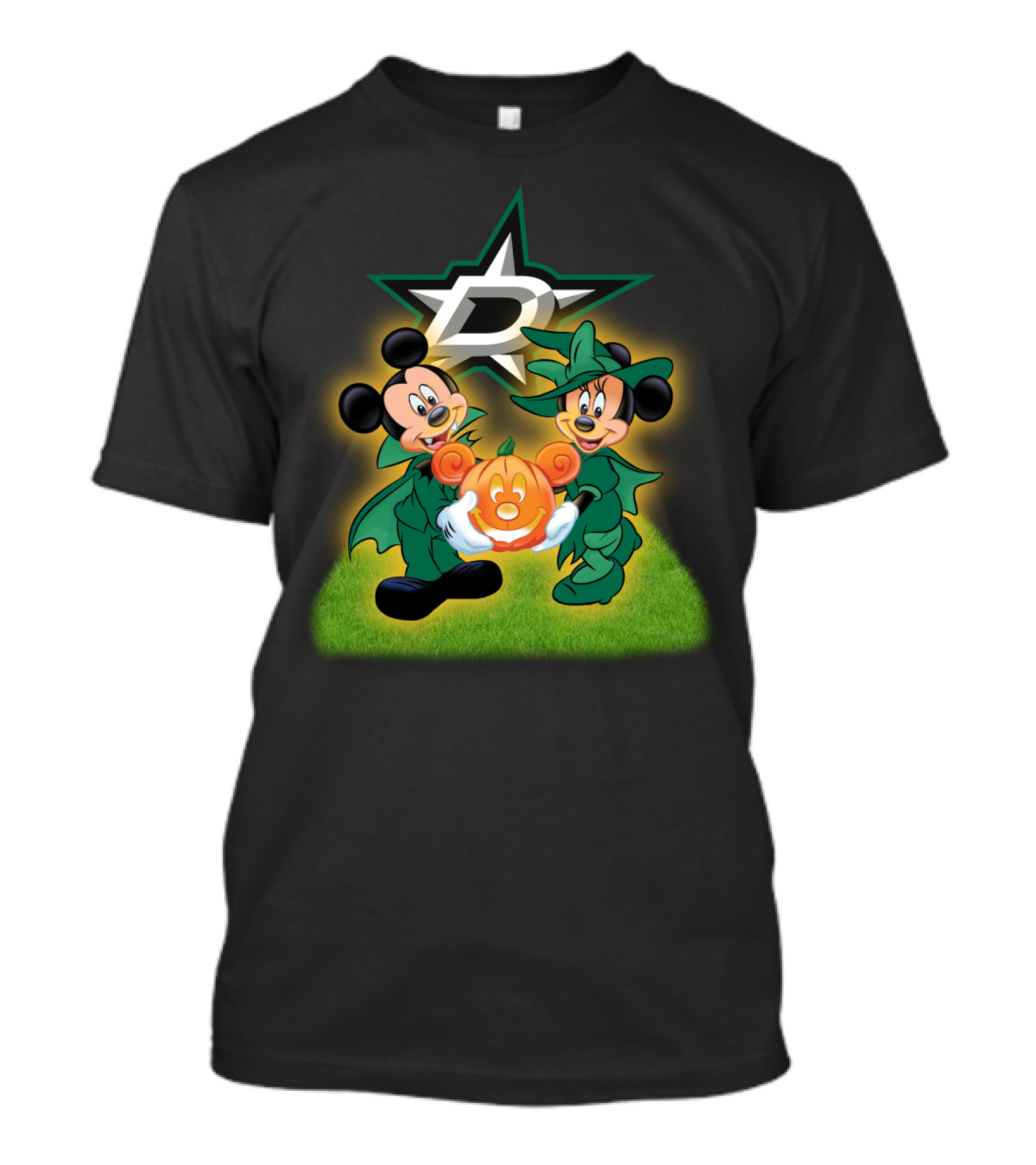 Dallas Stars Halloween Mickey And Minnie With Pumpkin On Grass Background T-Shirt