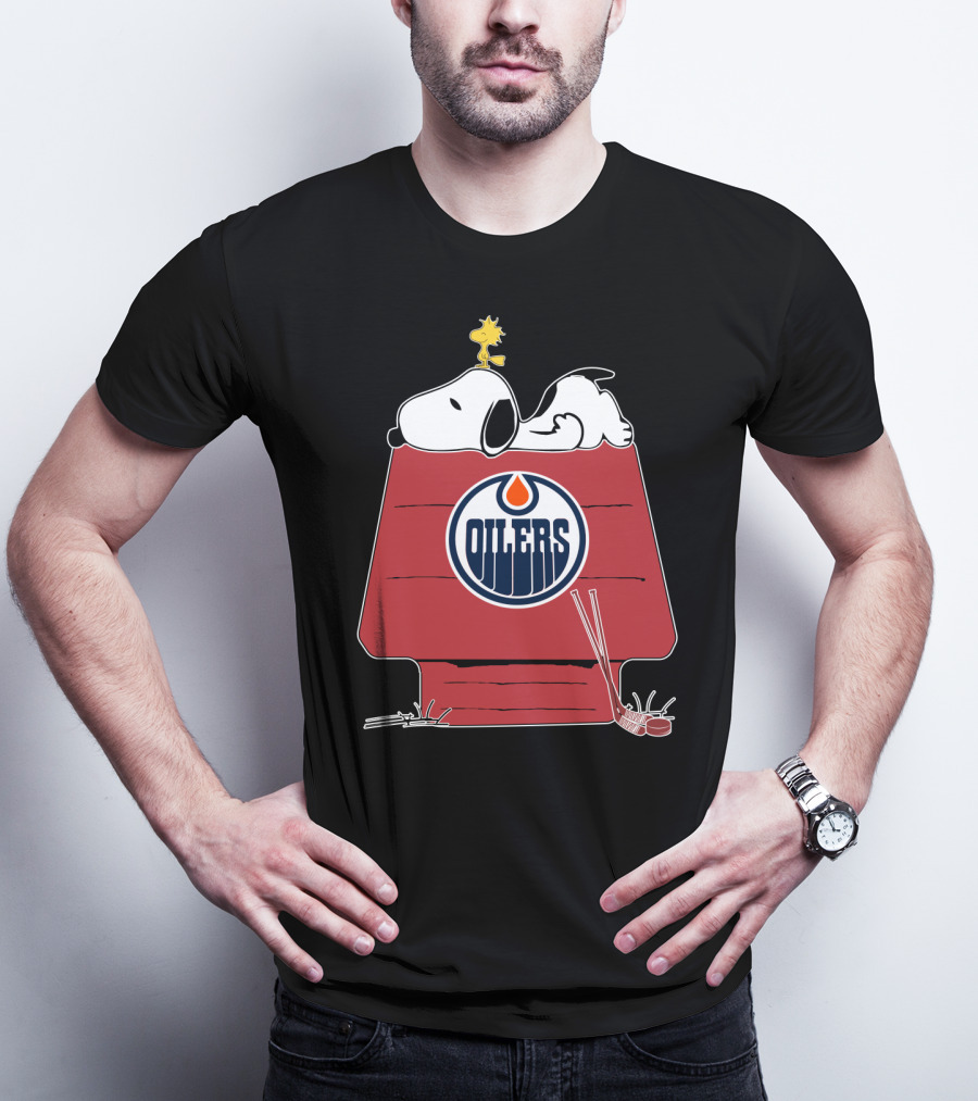 Snoopy On Doghouse With Edmonton Oilers Logo And Hockey Stick T-Shirt