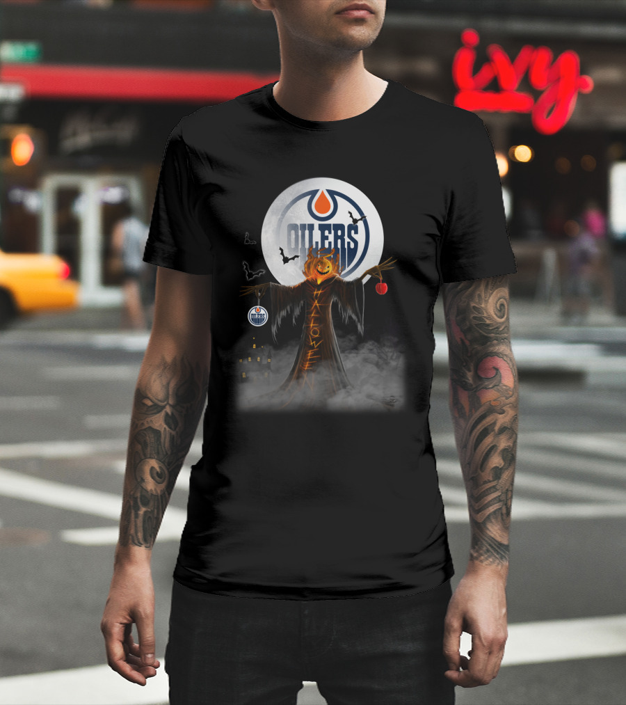 Halloween Edmonton Oilers Spooky Jack O'lantern Moon Bats 성Detection Game Haunted Castle T-Shirt
