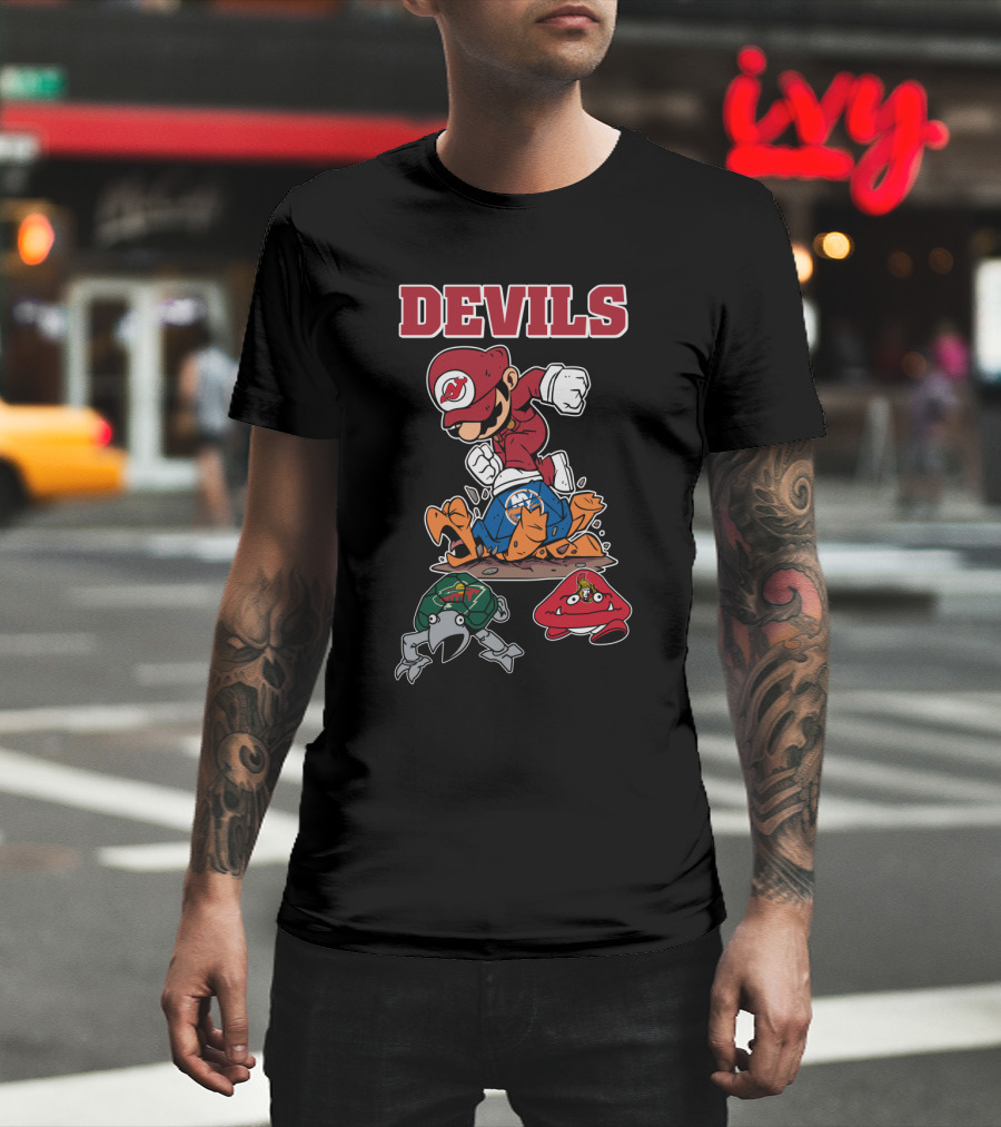 New Jersey Devils Mario Mashup With Rival Teams T-Shirt