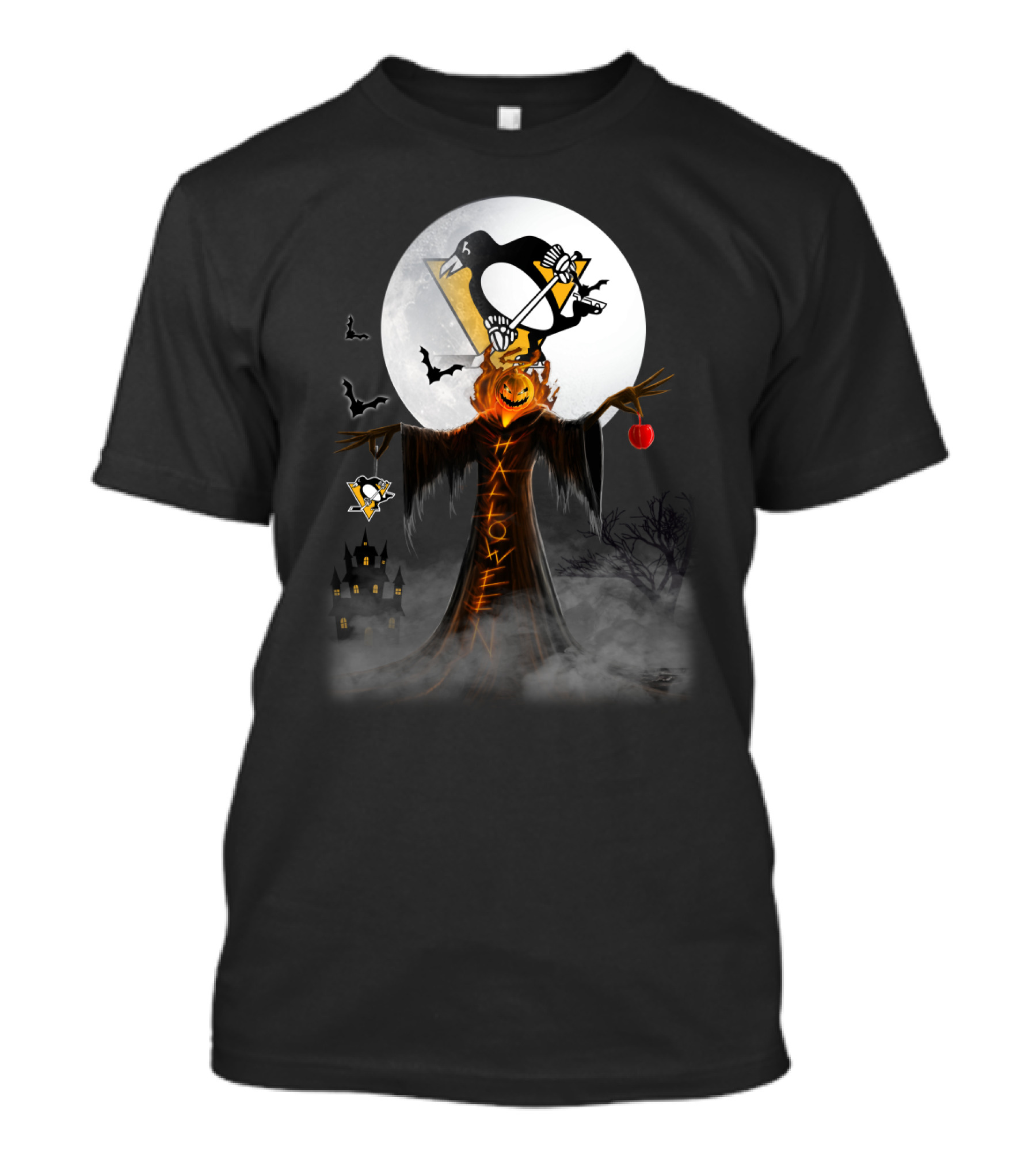 Halloween Pittsburgh Penguins Scary Jack-O'-Lantern Moon Bats Spooky Scarecrow T-Shirt