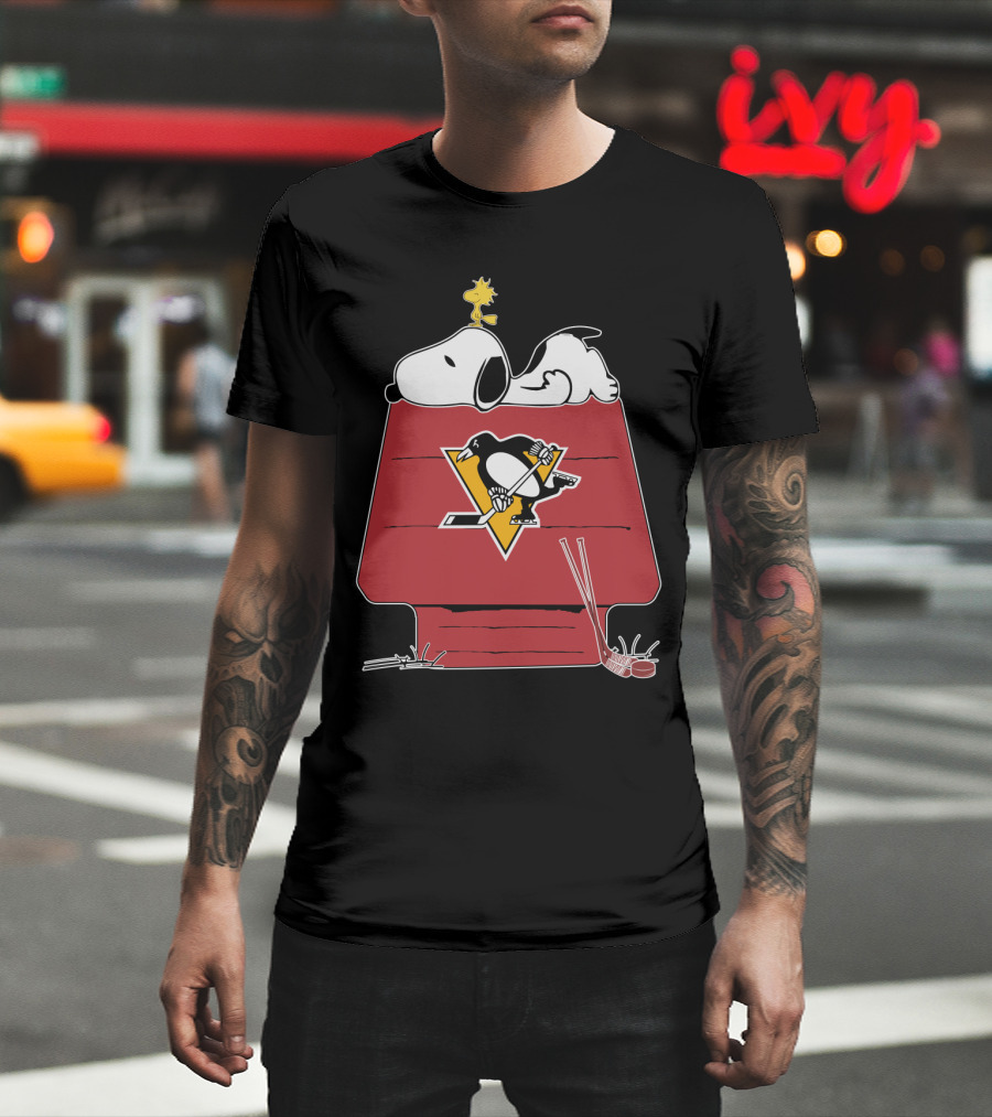 Snoopy Penguins Hockey House Featuring Woodstock And Penguins T-Shirt