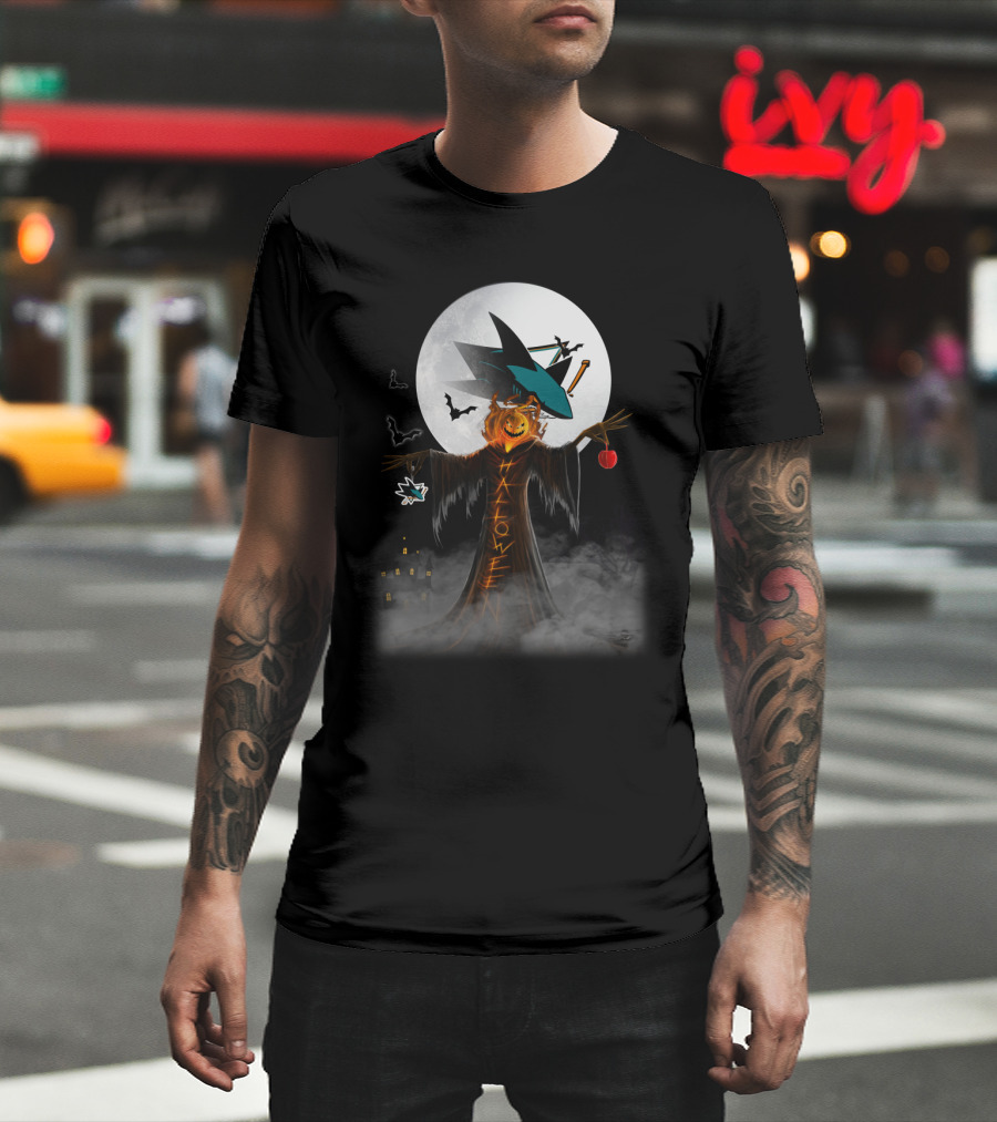 Halloween San Jose Sharks Full Moon Witch Pumpkin Bats T-Shirt