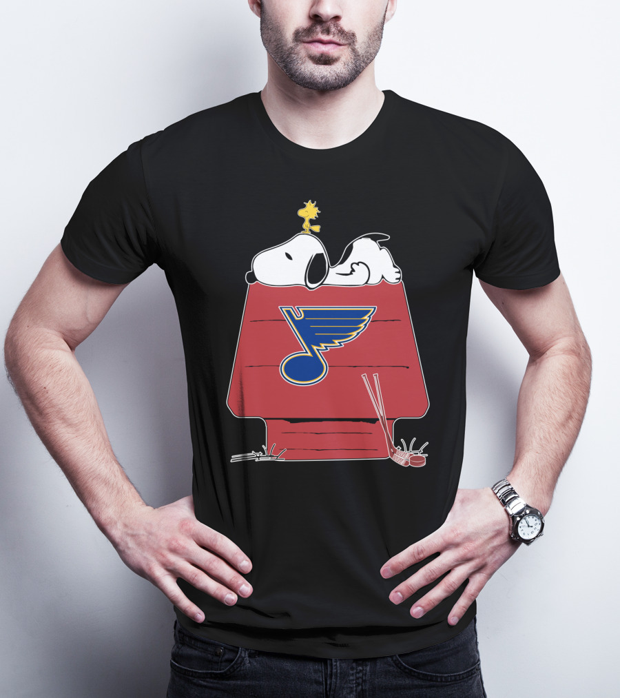 Snoopy And Woodstock With St. Louis Blues Logo On Doghouse T-Shirt
