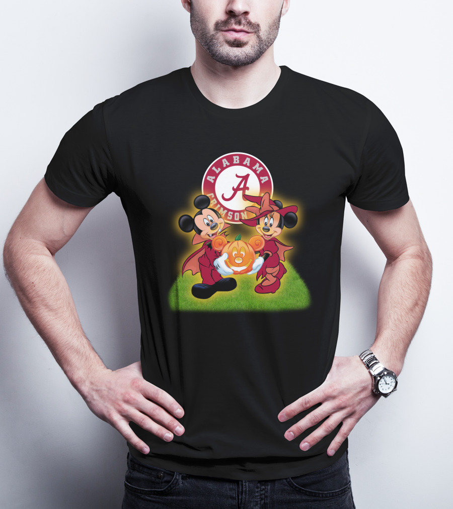 Alabama Crimson Tide Mickey And Minnie Halloween Football Pumpkin T-Shirt