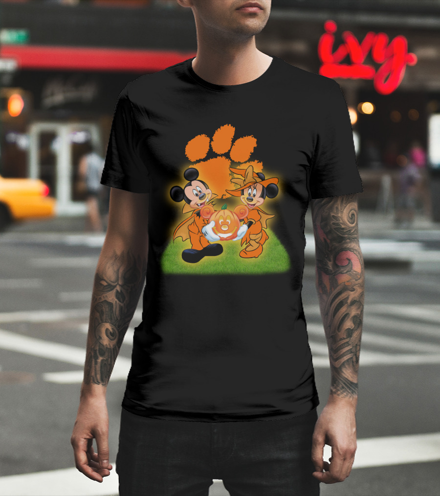 Clemson Halloween Football Mickey Minnie Pumpkin Paws T-Shirt
