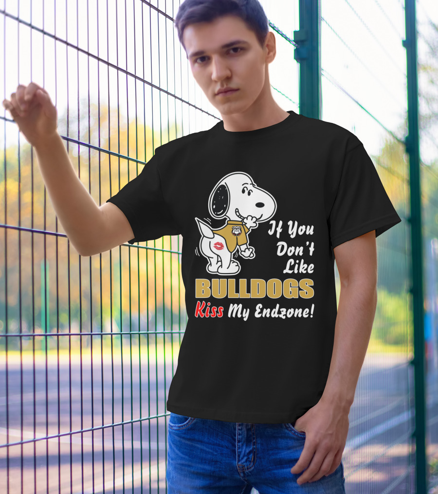If You Don't Like Bulldogs Kiss My Endzone With Cartoon Dog In Football Jersey T-Shirt