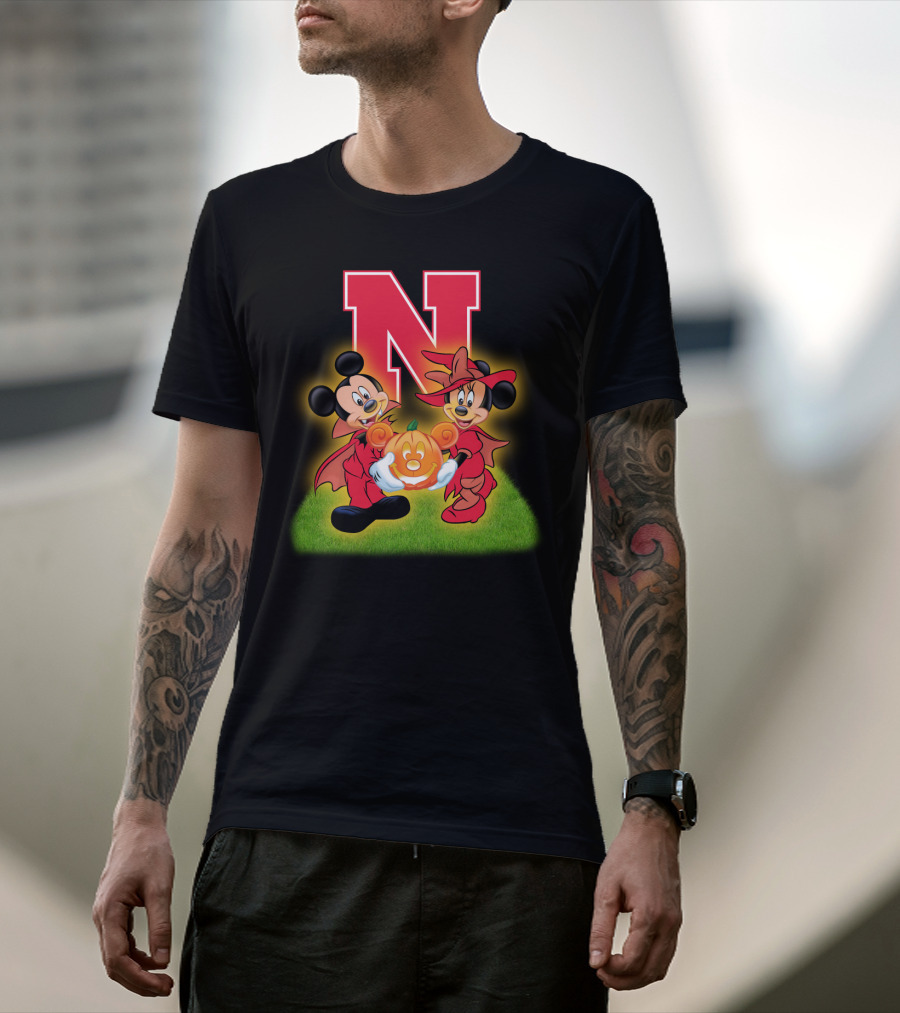 Halloween Nebraska Cornhuskers Football Mickey Minnie Pumpkin T-Shirt
