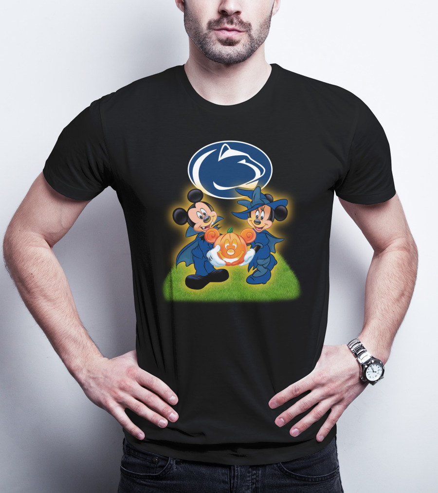 Penn State Nittany Lions Halloween With Mickey And Minnie Mouse Pumpkin T-Shirt