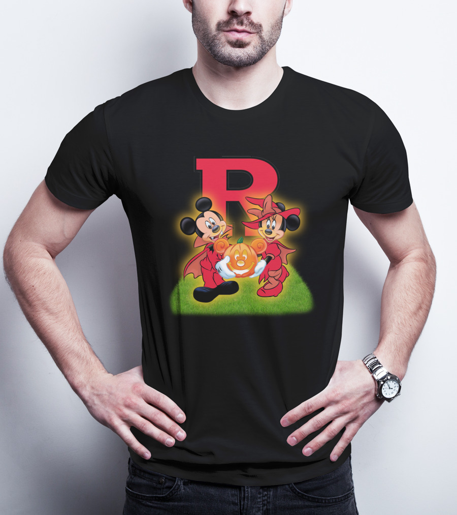 R Rutgers Halloween Mickey Minnie Pumpkin Football T-Shirt