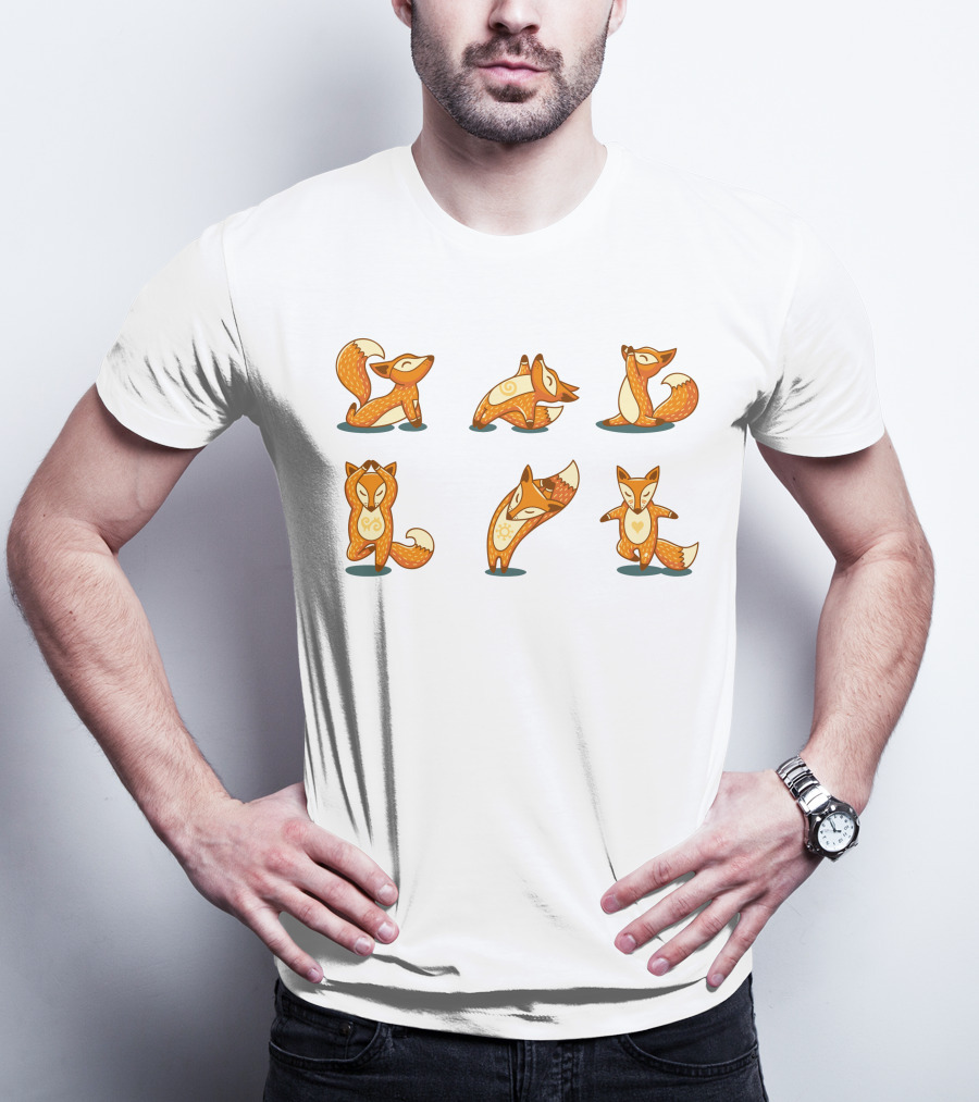 Fox Yoga Poses Playful Cartoon Style T-Shirt