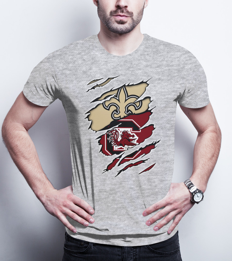 New Orleans Saints And South Carolina Gamecocks Logo Fusion T-Shirt