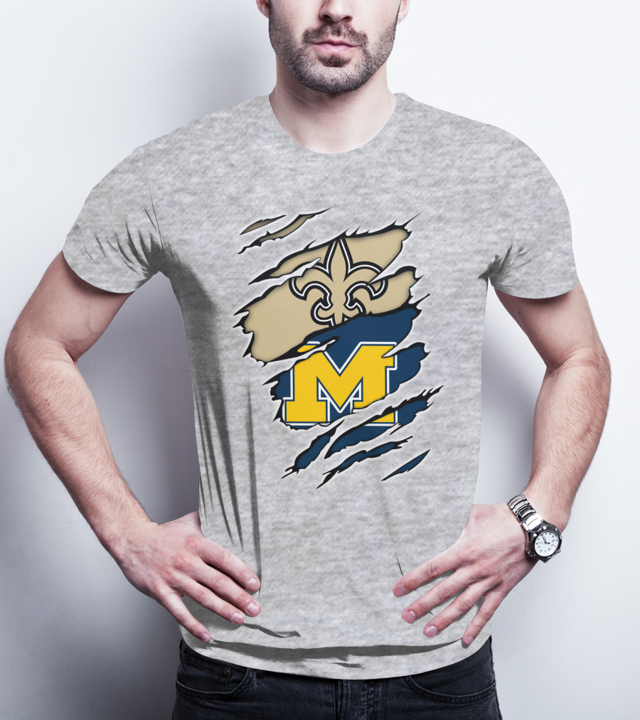 New Orleans Saints Fleur-De-Lis And Michigan Wolverines M Logo Ripped T-Shirt