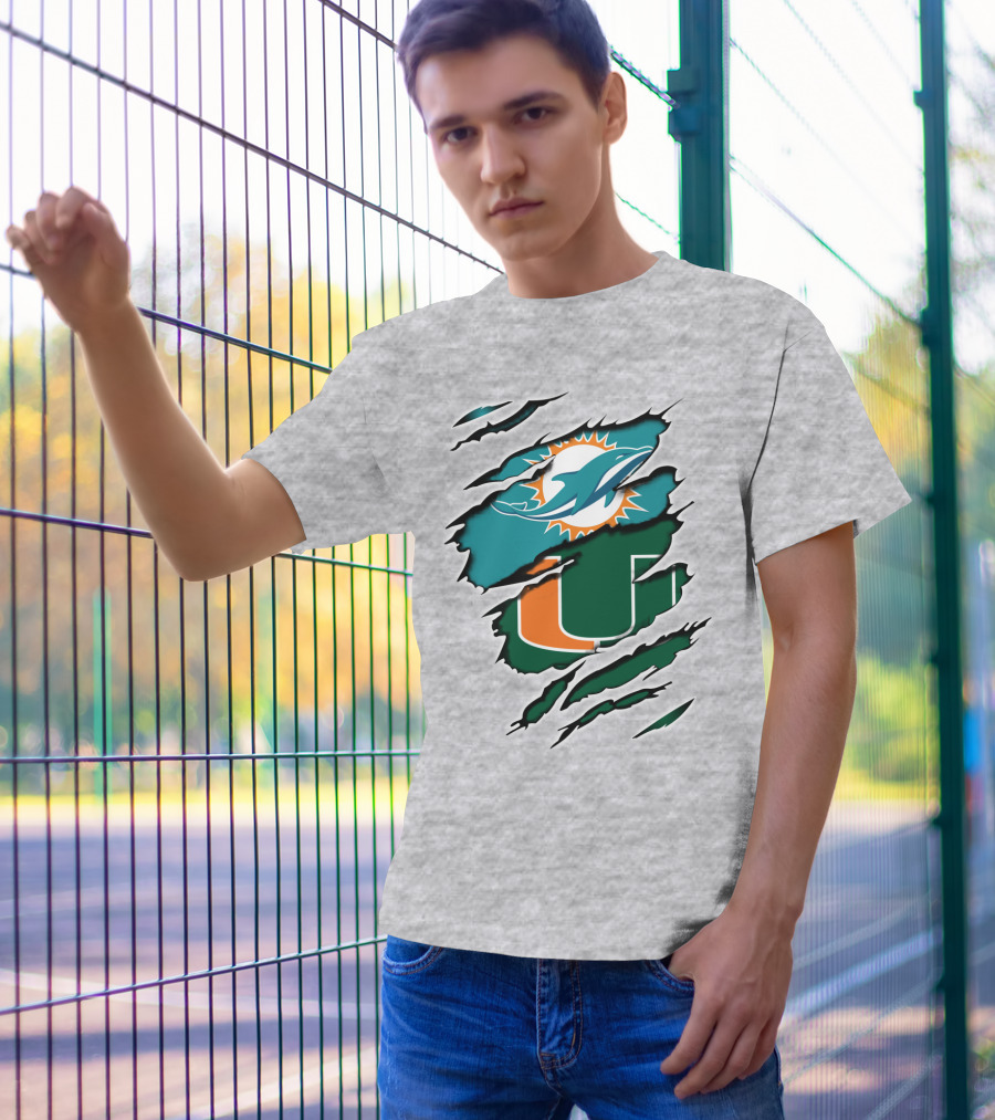 Miami Dolphins University Of Miami Hurricanes Logo Fusion T-Shirt