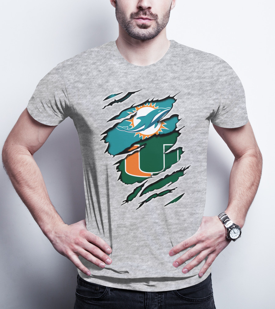 Miami Dolphins University Of Miami Hurricanes Logo Fusion T-Shirt