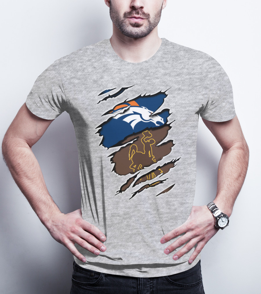Denver Broncos And Wyoming Cowboys Ripped T-Shirt