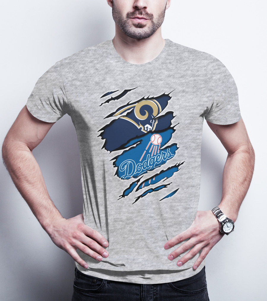 Rams Dodgers Scratch Tear Logo Crossover Fusion T-Shirt