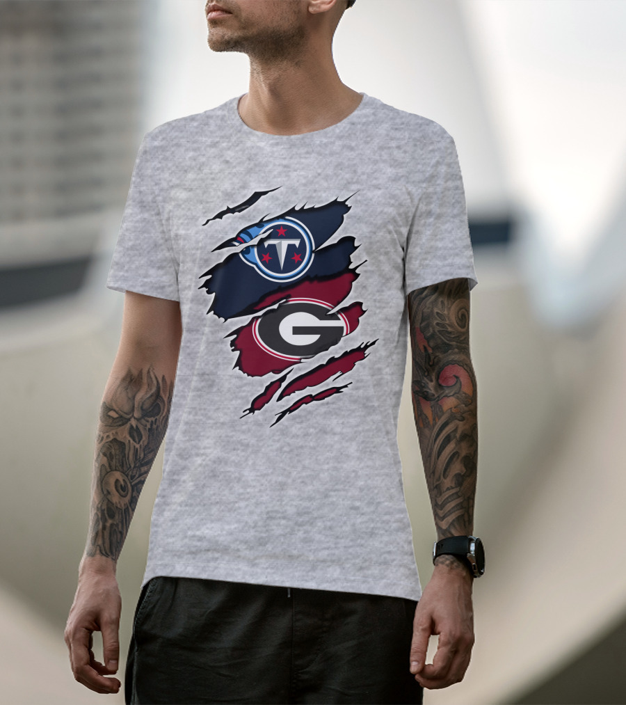 Tennessee Titans Georgia Bulldogs Claw Marks Fusion Logo With Team Icons And Colors T-Shirt