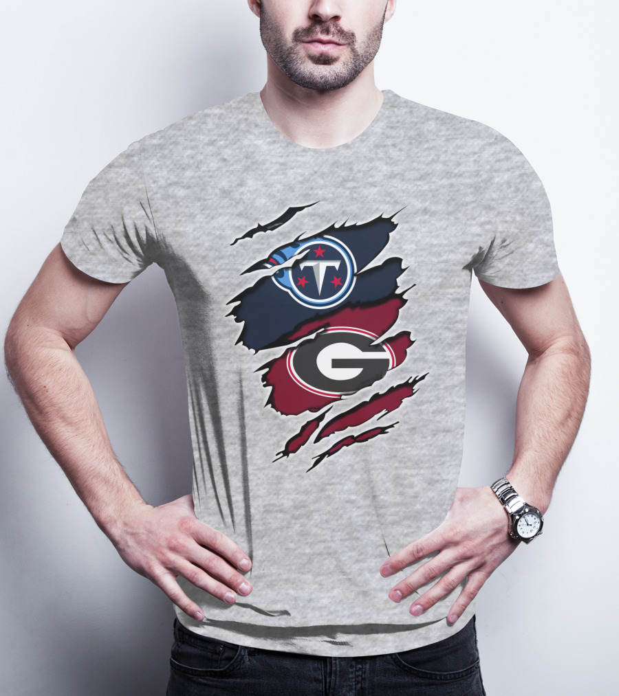 Tennessee Titans Georgia Bulldogs Claw Marks Fusion Logo With Team Icons And Colors T-Shirt