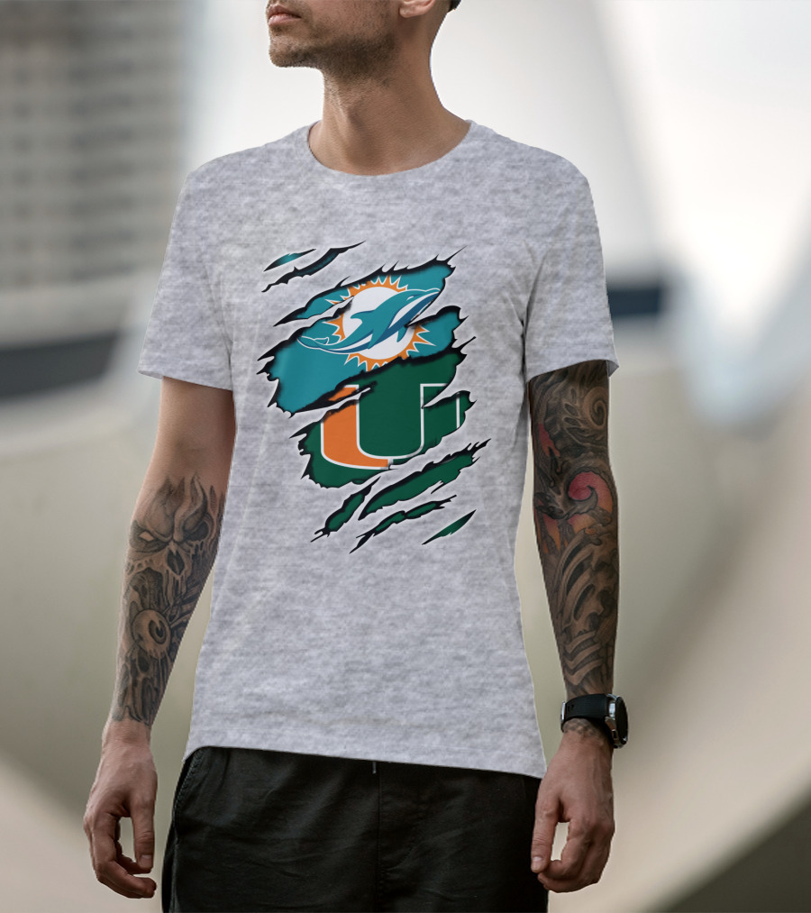 Miami Dolphins Miami Hurricanes Fan Torn U Logo Dolphin T-Shirt