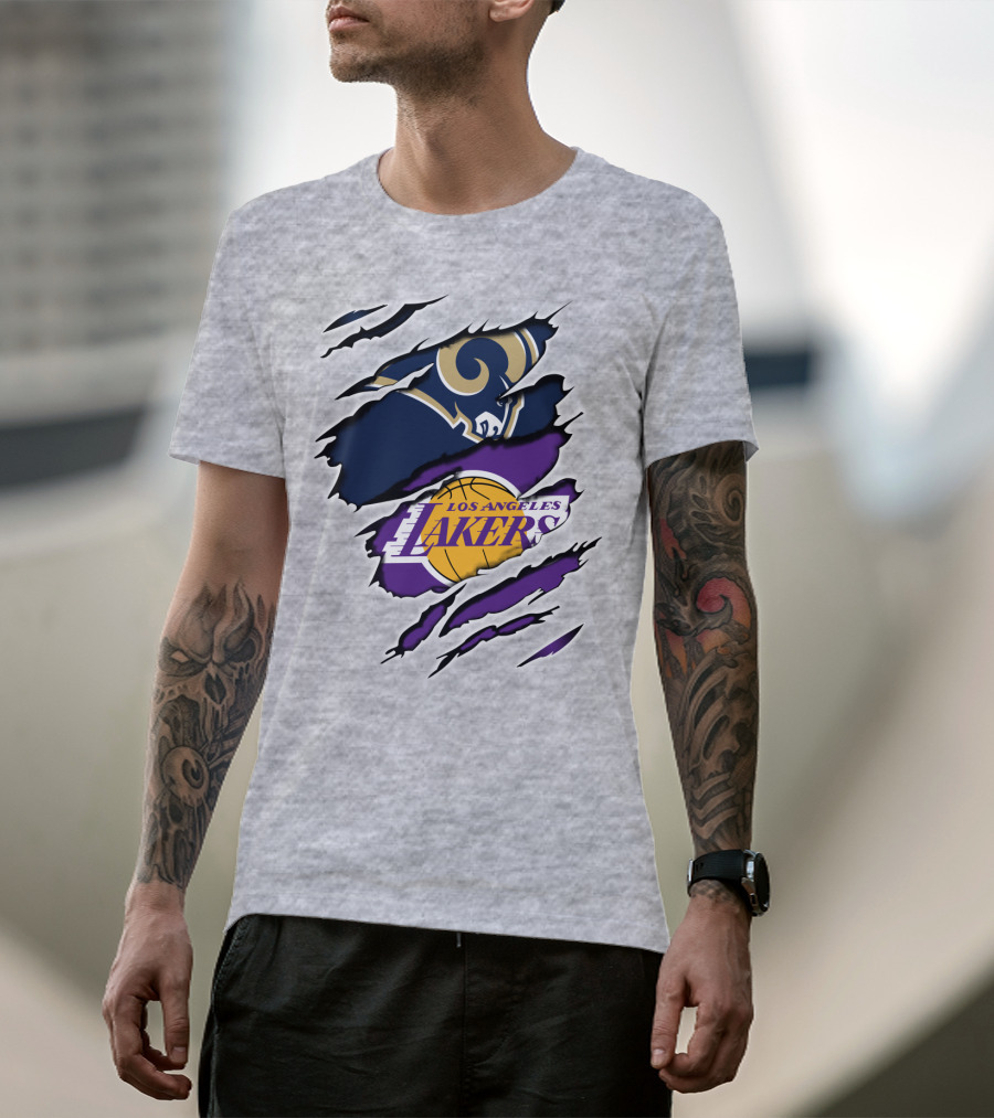 Los Angeles Rams Lakers Logos Scratch Sports Collaboration T-Shirt