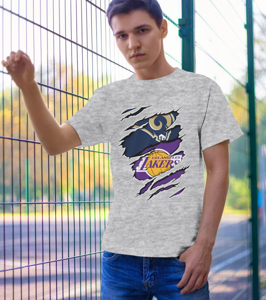 Los Angeles Rams Lakers Logos Scratch Sports Collaboration T-Shirt