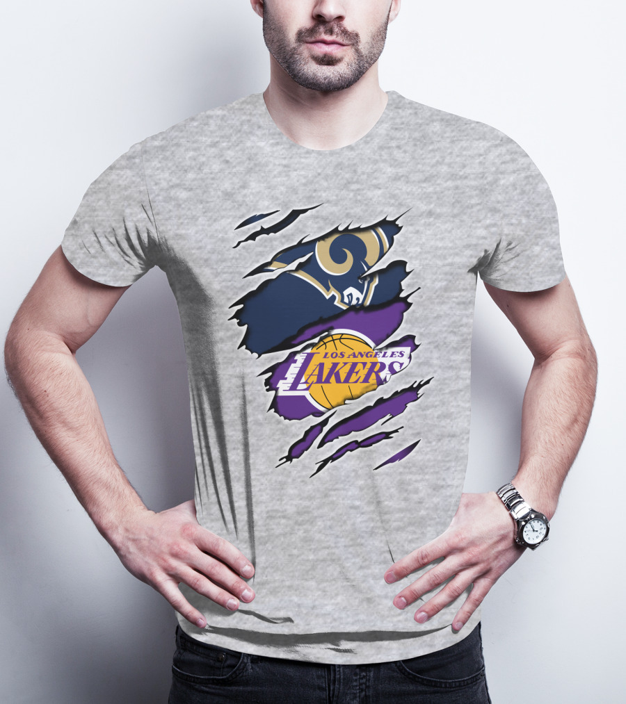 Los Angeles Rams Lakers Logos Scratch Sports Collaboration T-Shirt