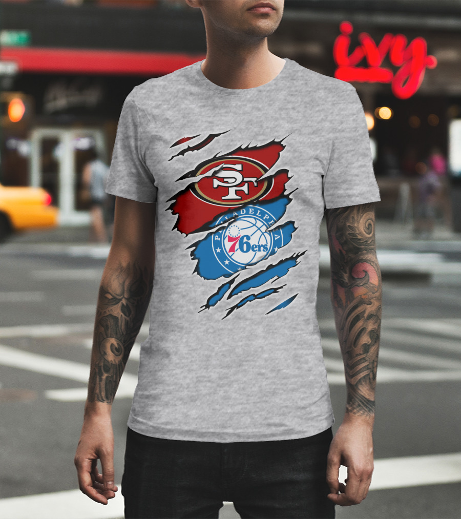 49Ers Sf 76Ers Philadelphia Logos IN Scratched T-Shirt
