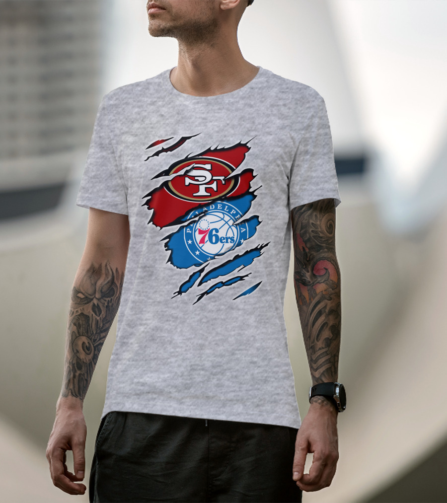 49Ers Sf 76Ers Philadelphia Logos IN Scratched T-Shirt