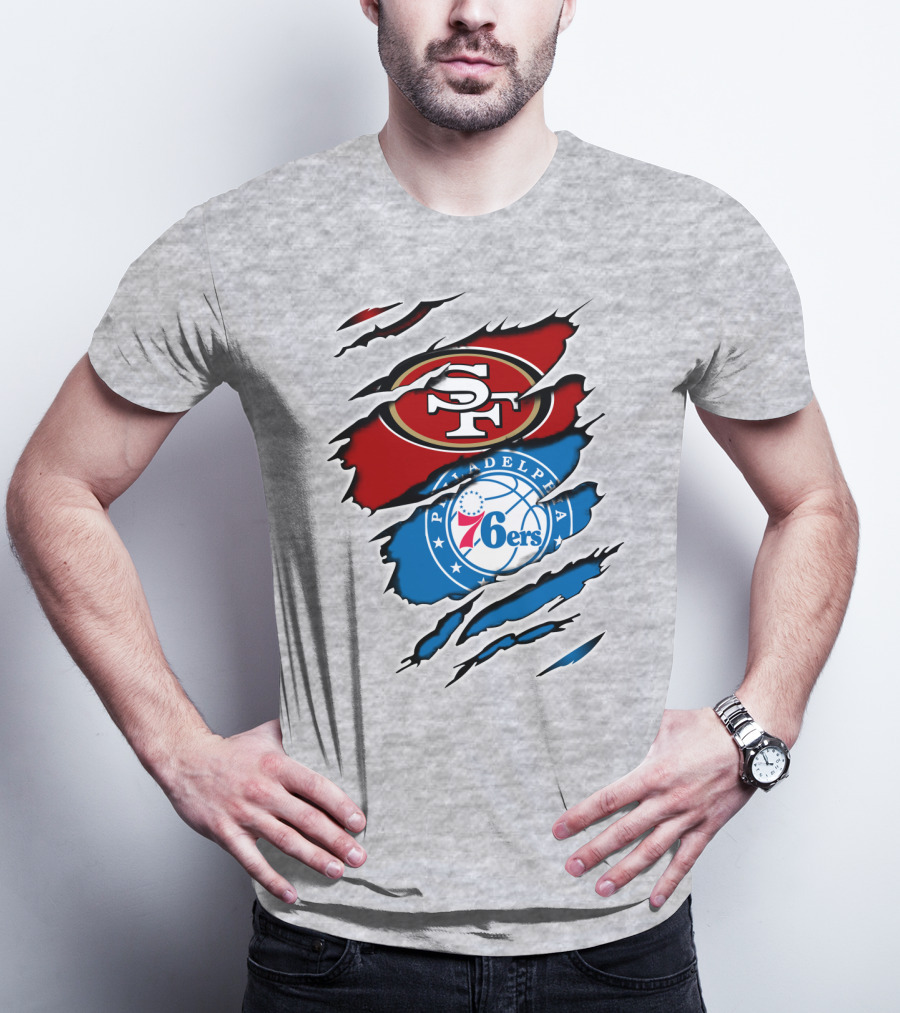 49Ers Sf 76Ers Philadelphia Logos IN Scratched T-Shirt