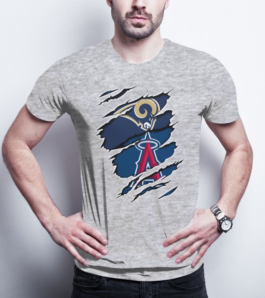 Rams Angels Rams Angles Logo Mashup On Ripped Blue Background T-Shirt