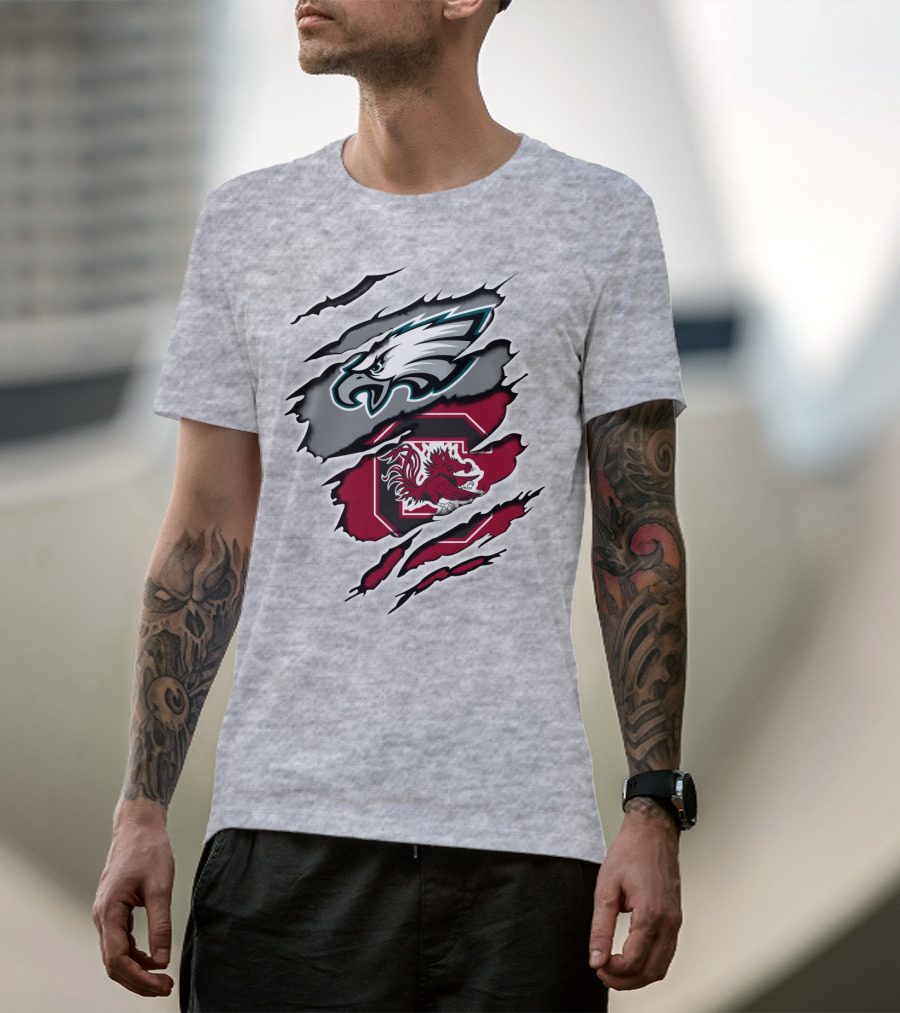 Eagles Gamecocks Logo Clash On Ripped Grey Background T-Shirt
