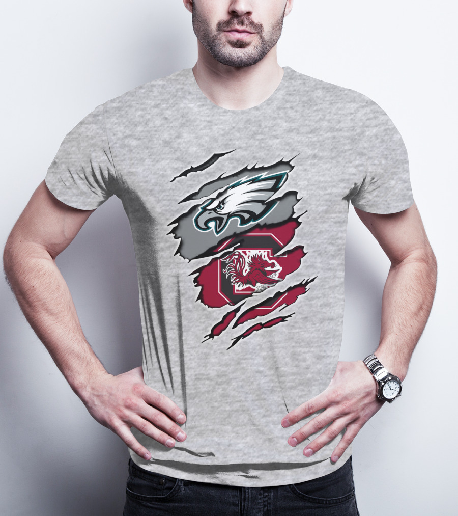Eagles Gamecocks Logo Clash On Ripped Grey Background T-Shirt