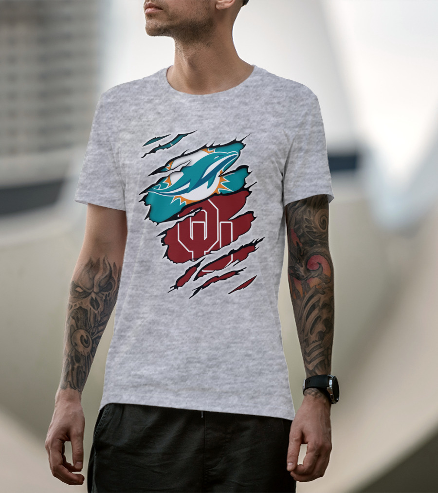 Miami Dolphins Oklahoma Sooners Teal Aqua Crimson Red Blend T-Shirt