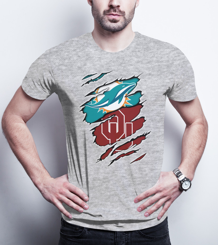 Miami Dolphins Oklahoma Sooners Teal Aqua Crimson Red Blend T-Shirt