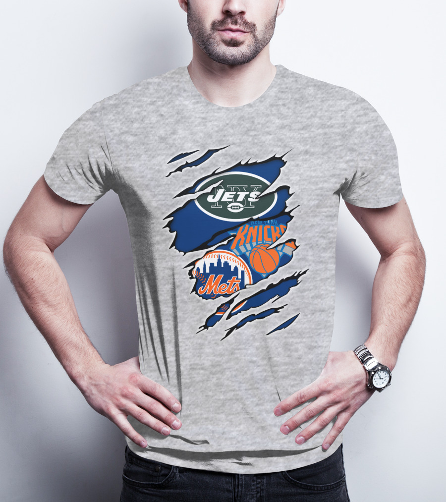New York Jets Mets Knicks Logo Fusion NFL MLB NBA Team Pride T-Shirt
