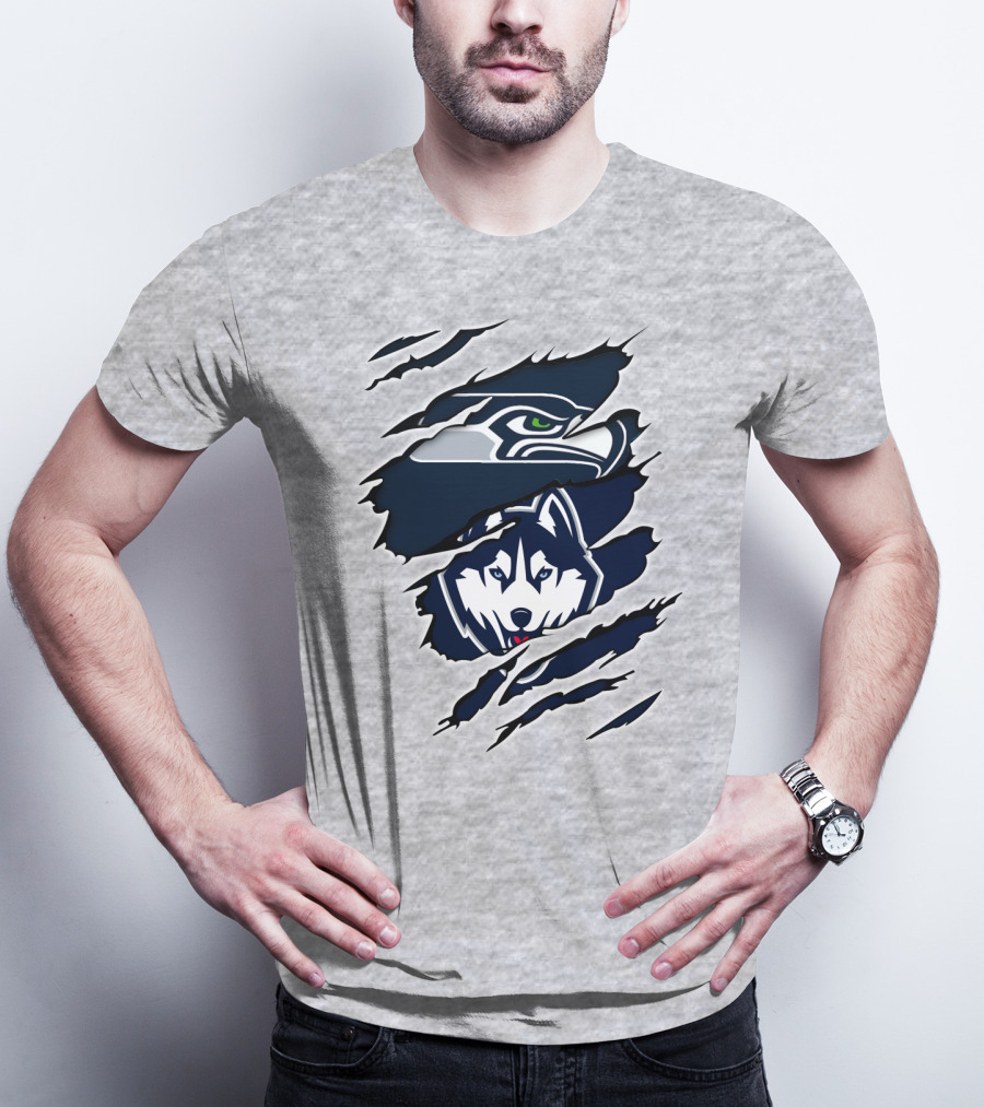 Seahawks Huskies Logo Mashup Aggressive Ripped T-Shirt