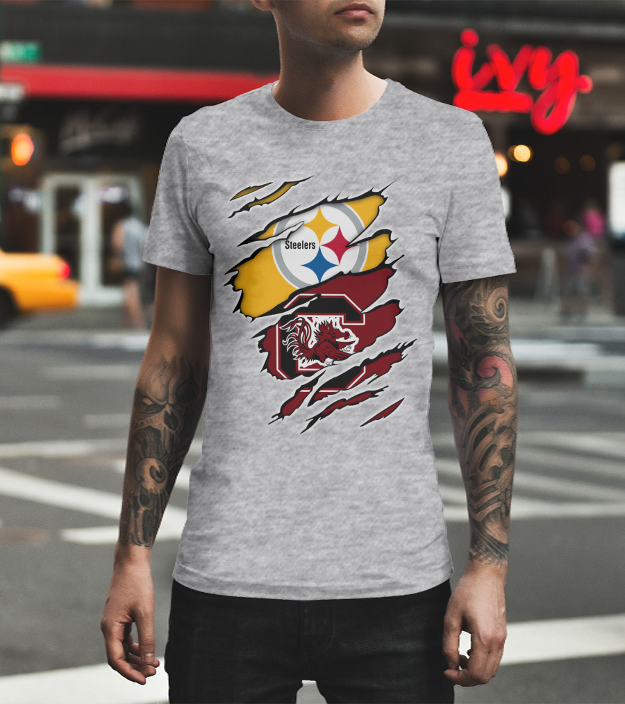 Steelers Gamecocks Logo Mashup With Scratch Marks T-Shirt