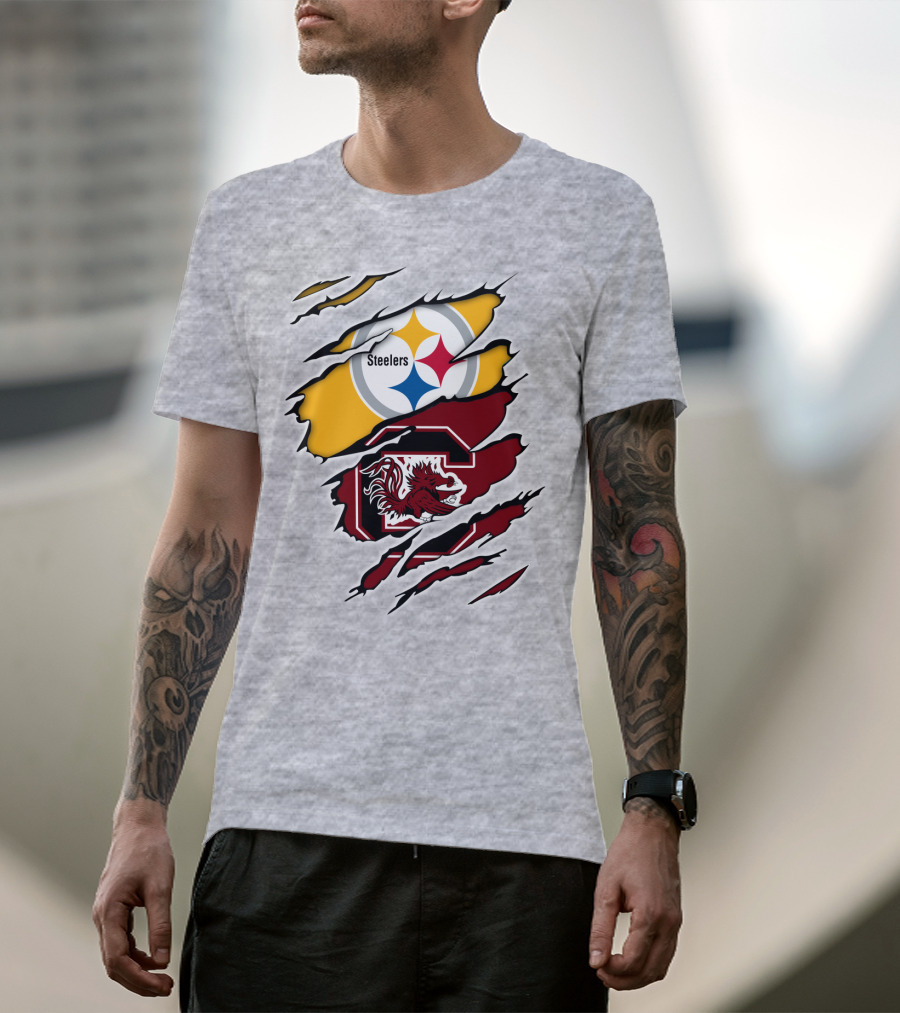 Steelers Gamecocks Logo Mashup With Scratch Marks T-Shirt