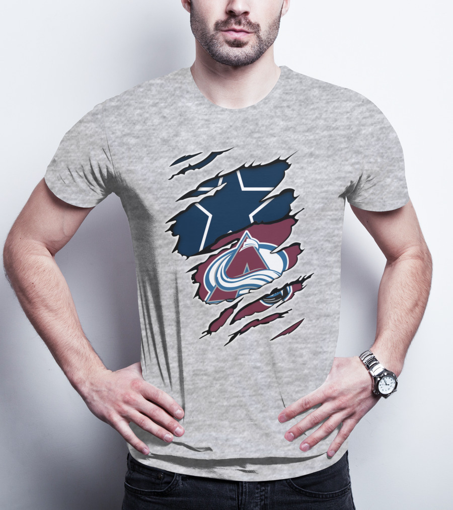 Cowboys And Avalanche Logos Combined Through Torn Fabric T-Shirt