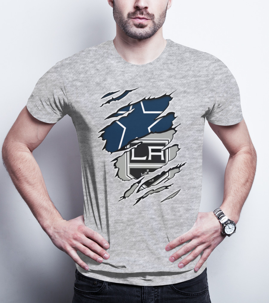 Cowboys Kings LA Logos Behind Torned Blue Star T-Shirt