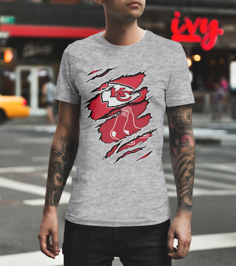 Chiefs Redsox KC Logo And Sox Emblem Torn T-Shirt