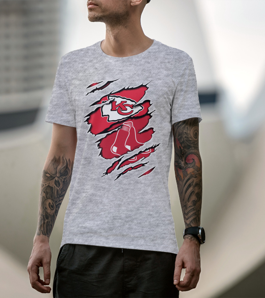 Chiefs Redsox KC Logo And Sox Emblem Torn T-Shirt