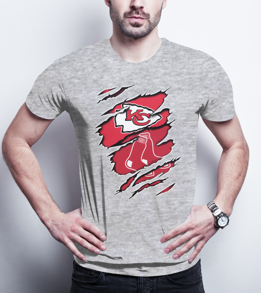 Chiefs Redsox KC Logo And Sox Emblem Torn T-Shirt