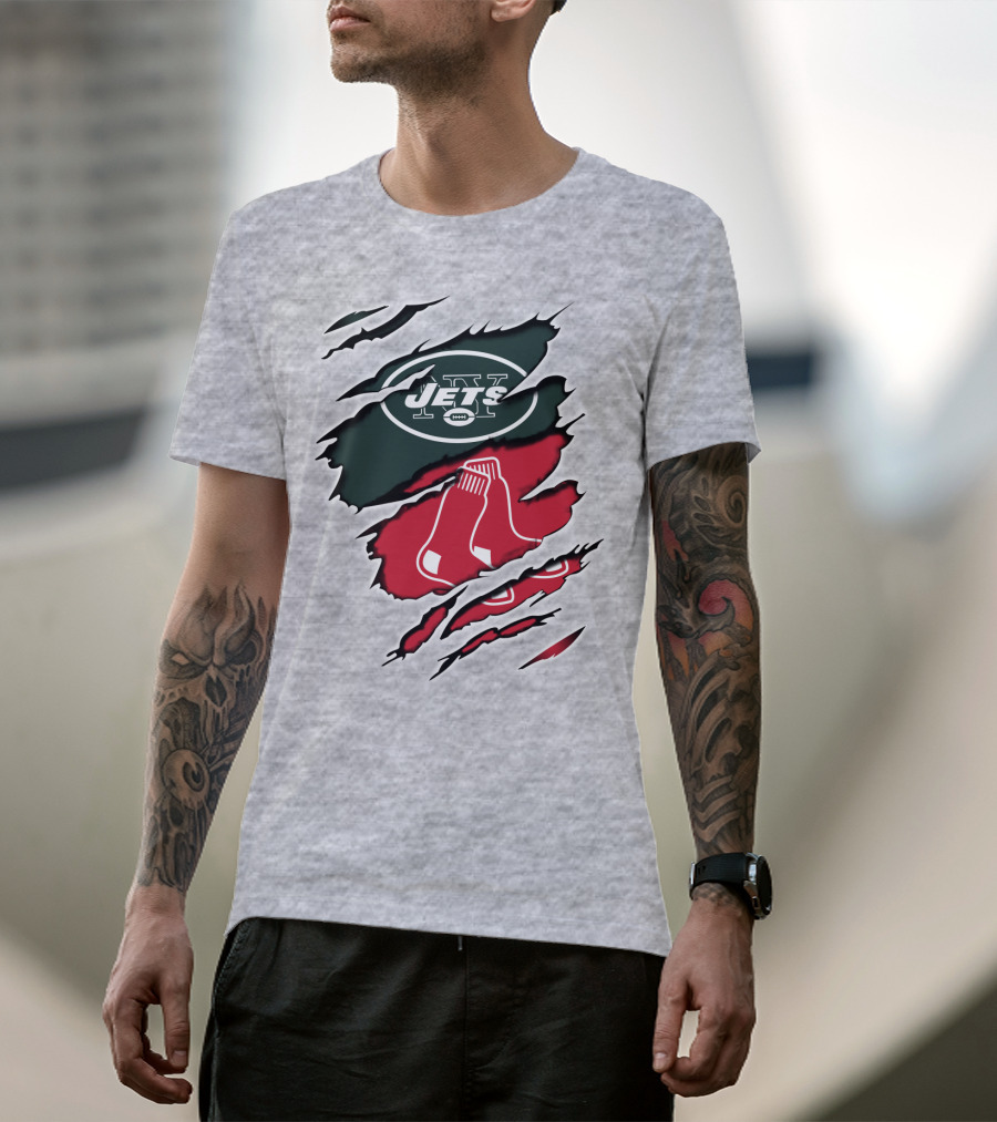Jets Redsox Torn Logos Green Football Red Socks T-Shirt