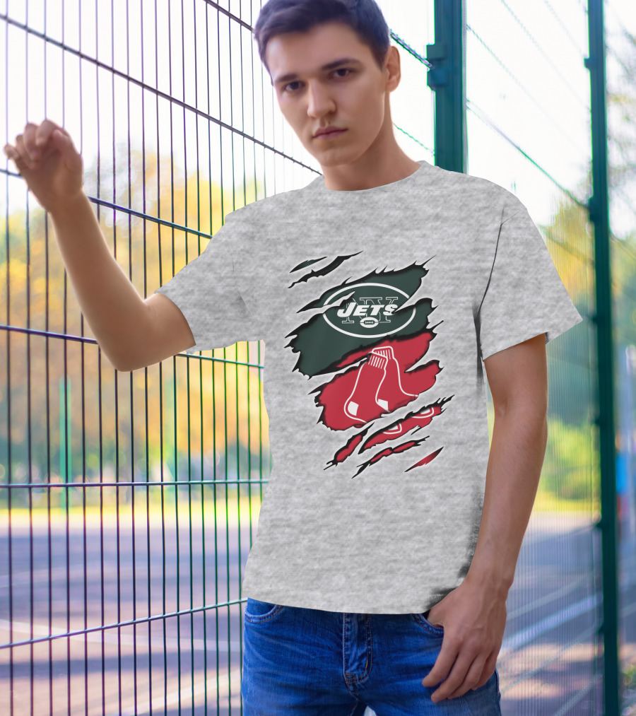 Jets Redsox Torn Logos Green Football Red Socks T-Shirt