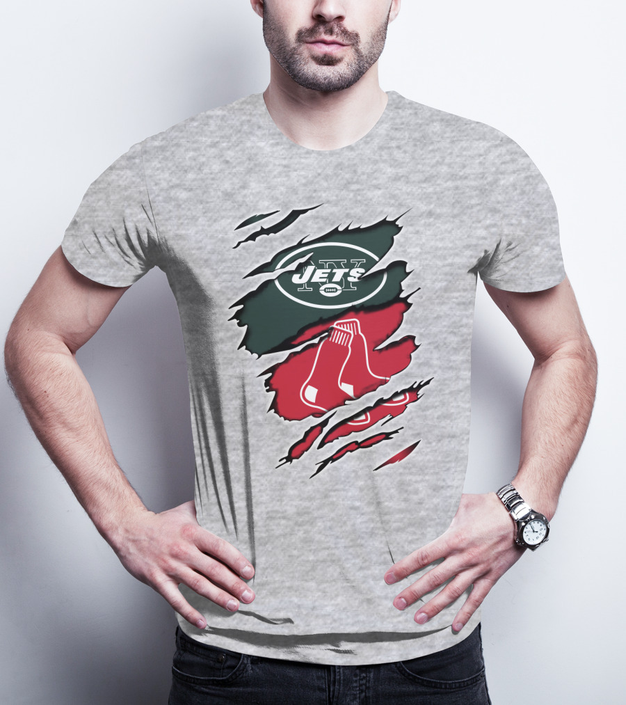 Jets Redsox Torn Logos Green Football Red Socks T-Shirt