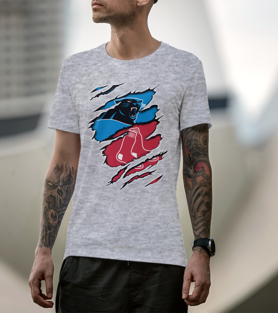 Panthers Red Sox Rip Design Blue Red T-Shirt
